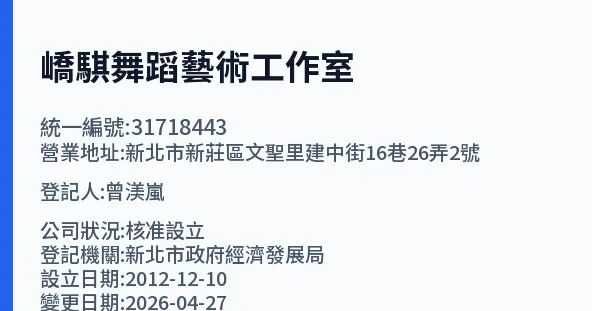 嶠騏舞蹈藝術工作室的照片-統編 31718443(新北市) 公司登記資料與營業項目詳細圖表