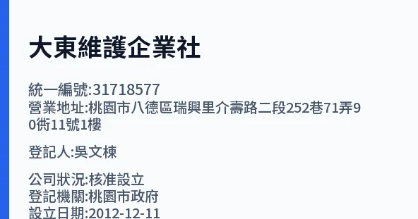 大東維護企業社的照片-統編 31718577(桃園市) 公司登記資料與營業項目詳細圖表