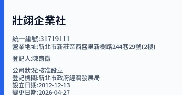 壯翊企業社的照片-統編 31719111(新北市) 公司登記資料與營業項目詳細圖表
