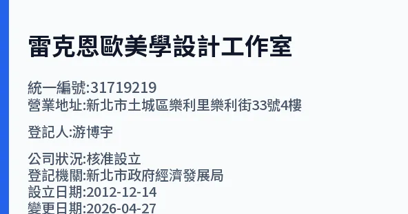 雷克恩歐美學設計工作室的照片-統編 31719219(新北市) 公司登記資料與營業項目詳細圖表