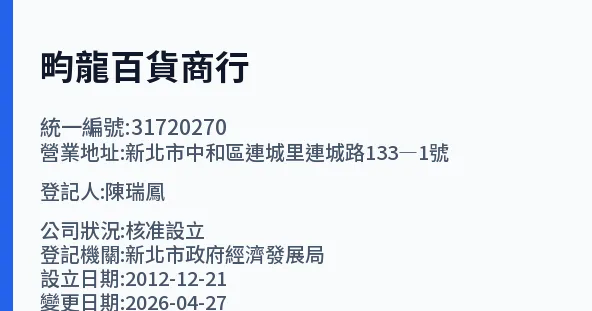 畇龍百貨商行的照片-統編 31720270(新北市) 公司登記資料與營業項目詳細圖表