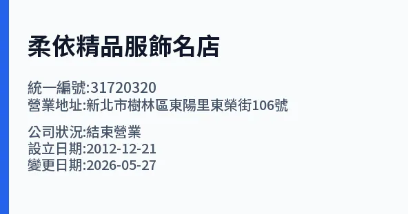 柔依精品服飾名店的照片-統編 31720320(新北市) 公司登記資料與營業項目詳細圖表