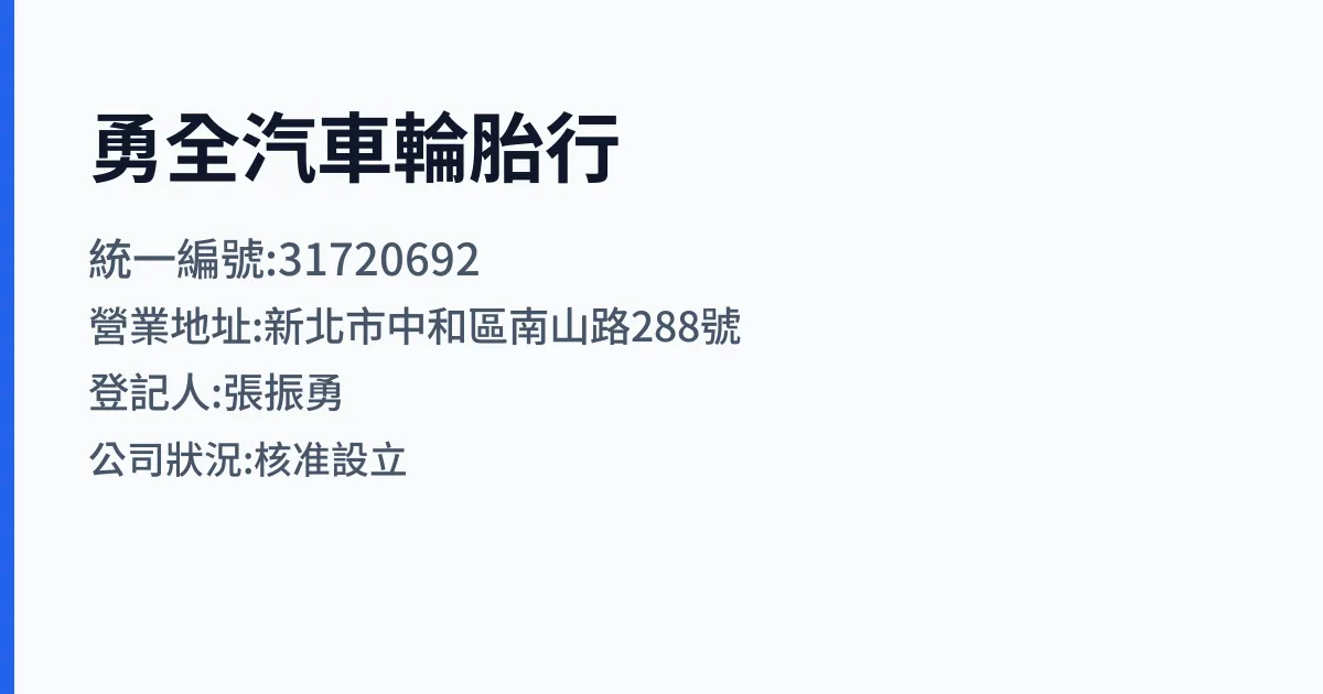 勇全汽車輪胎行 - 統編 31720692(新北市) 公司登記資料與營業項目詳細圖表