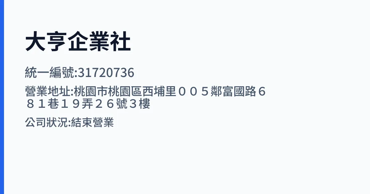 大亨企業社 - 統編 31720736(桃園市) 公司登記資料與營業項目詳細圖表