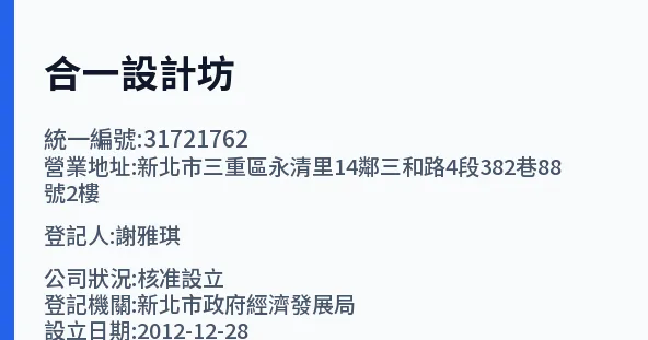合一設計坊的照片-統編 31721762(新北市) 公司登記資料與營業項目詳細圖表