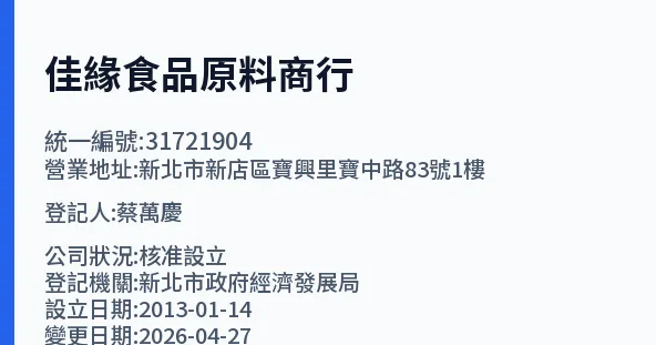 佳緣食品原料商行的照片-統編 31721904(新北市) 公司登記資料與營業項目詳細圖表