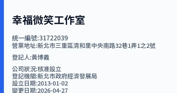 幸福微笑工作室的照片-統編 31722039(新北市) 公司登記資料與營業項目詳細圖表