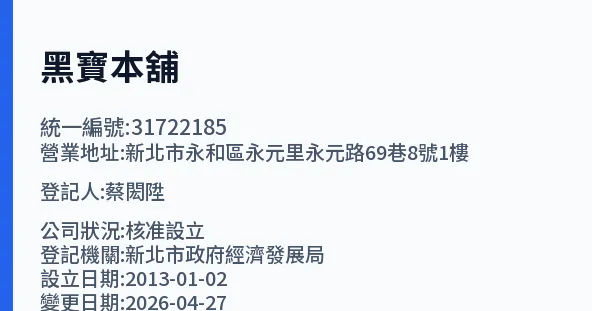 黑寶本舖的照片-統編 31722185(新北市) 公司登記資料與營業項目詳細圖表