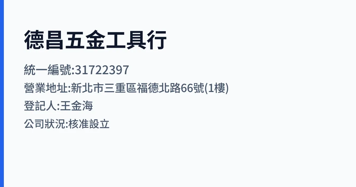 德昌五金工具行 - 統編 31722397(新北市) 公司登記資料與營業項目詳細圖表
