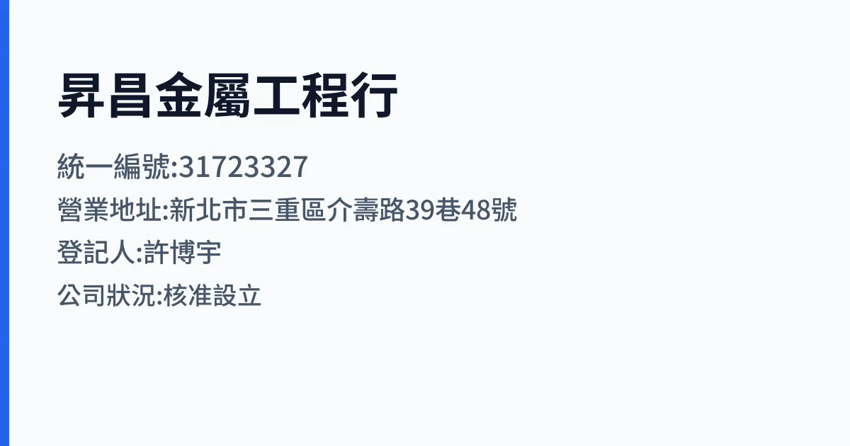 昇昌金屬工程行 - 統編 31723327(新北市) 公司登記資料與營業項目詳細圖表