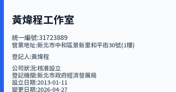 黃煒程工作室的照片-統編 31723889(新北市) 公司登記資料與營業項目詳細圖表