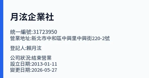 月泫企業社的照片-統編 31723950(新北市) 公司登記資料與營業項目詳細圖表