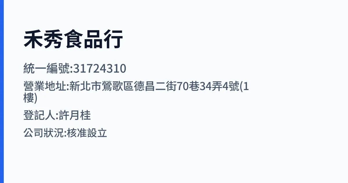 禾秀食品行 - 統編 31724310(新北市) 公司登記資料與營業項目詳細圖表