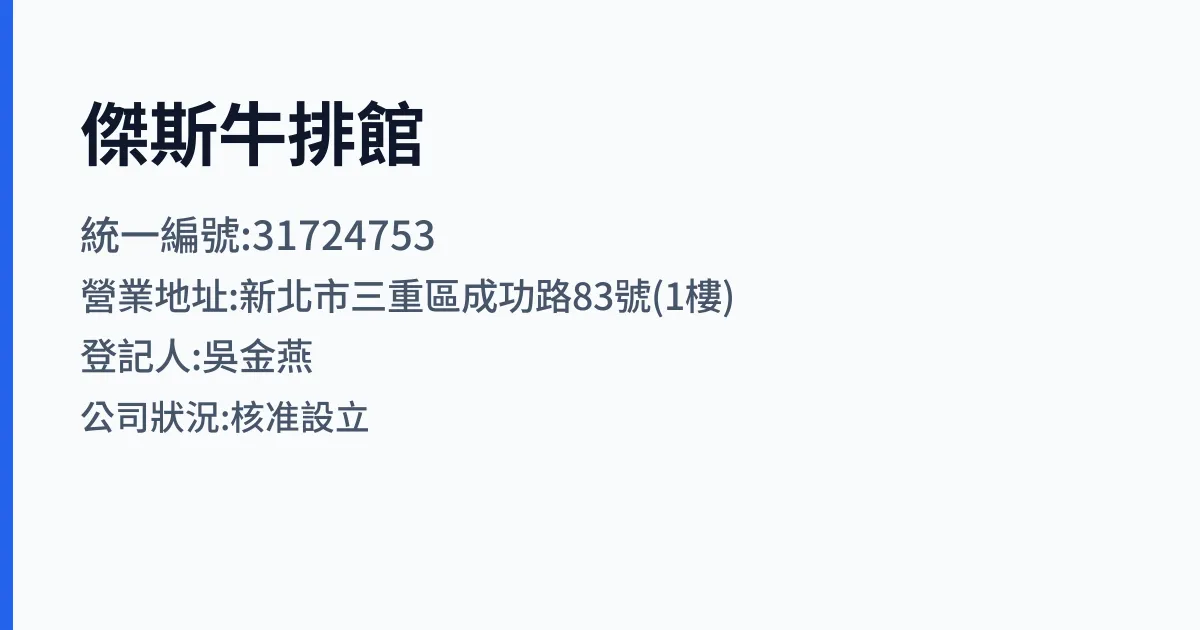 傑斯牛排館 - 統編 31724753(新北市) 公司登記資料與營業項目詳細圖表
