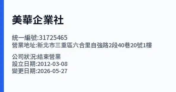 美華企業社的照片-統編 31725465(新北市) 公司登記資料與營業項目詳細圖表
