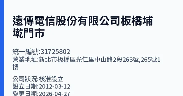 遠傳電信股份有限公司板橋埔墘門市的照片-統編 31725802(新北市) 公司登記資料與營業項目詳細圖表