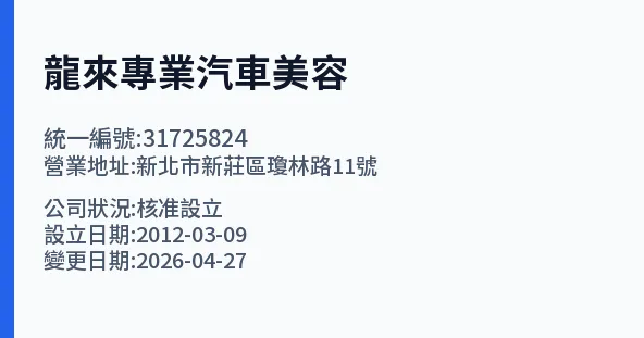 龍來專業汽車美容的照片-統編 31725824(新北市) 公司登記資料與營業項目詳細圖表