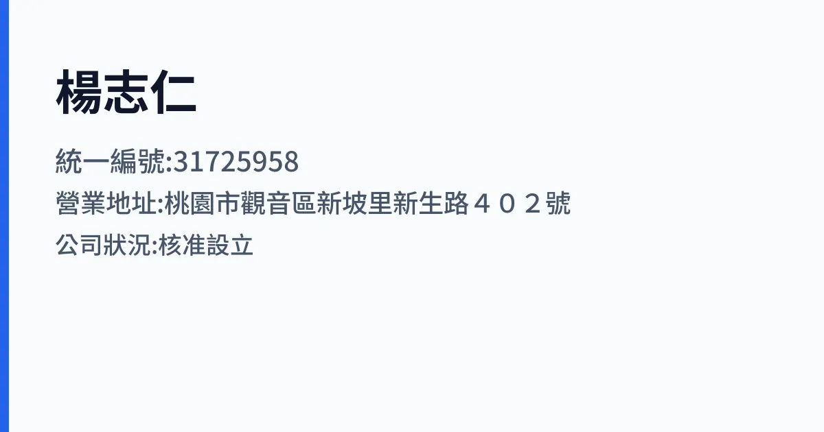 楊志仁 - 統編 31725958(桃園市) 公司登記資料與營業項目詳細圖表