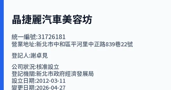 晶捷麗汽車美容坊的照片-統編 31726181(新北市) 公司登記資料與營業項目詳細圖表