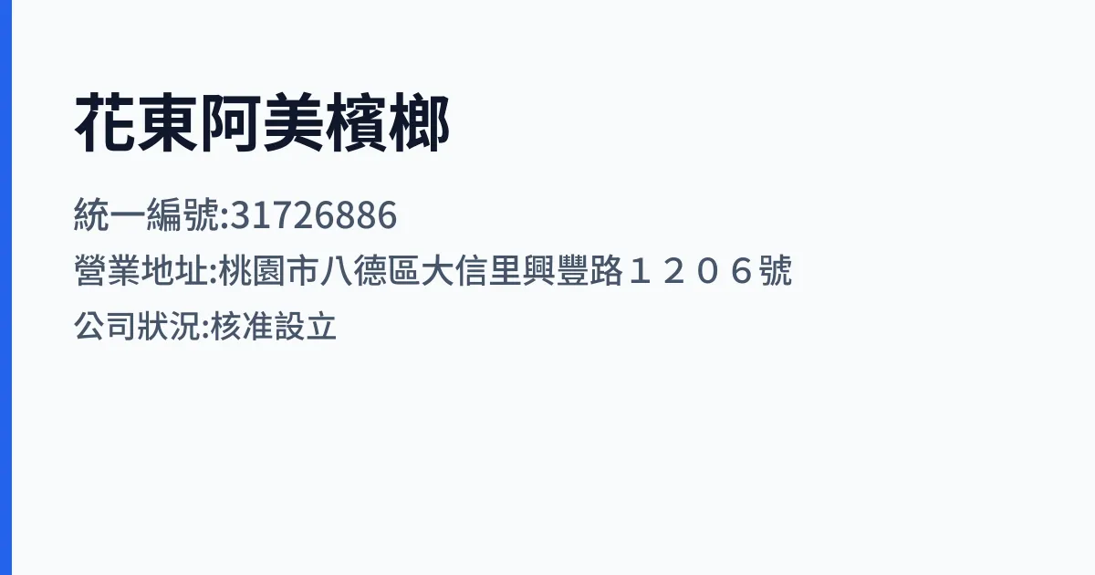 花東阿美檳榔 - 統編 31726886(桃園市) 公司登記資料與營業項目詳細圖表