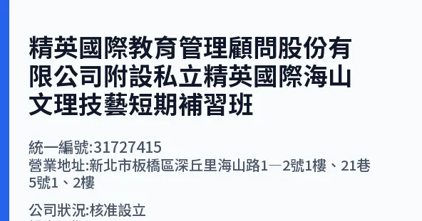精英國際教育管理顧問股份有限公司附設私立精英國際海山文理技藝短期補習班的照片-統編 31727415(新北市) 公司登記資料與營業項目詳細圖表