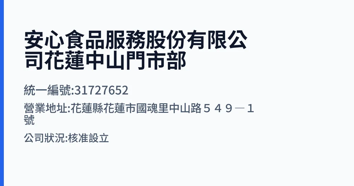 安心食品服務股份有限公司花蓮中山門市部 - 統編 31727652（花蓮縣） 公司登記資料與營業項目詳細圖表