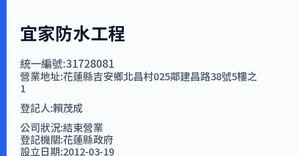 宜家防水工程的照片-統編 31728081(花蓮縣) 公司登記資料與營業項目詳細圖表