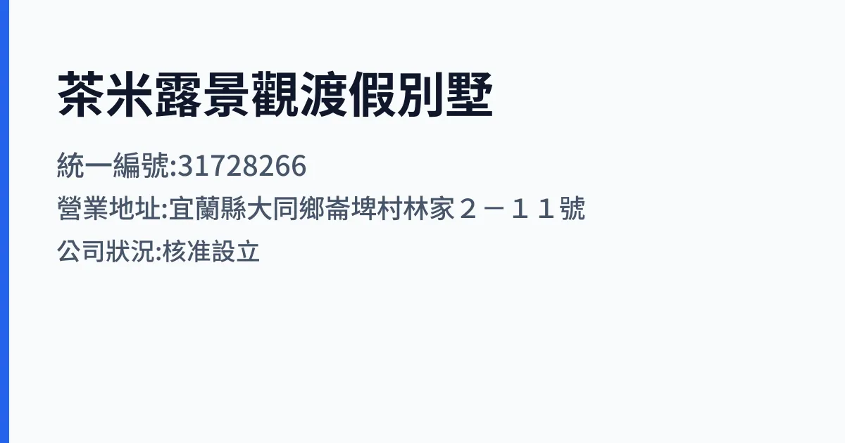 茶米露景觀渡假別墅 - 統編 31728266(宜蘭縣) 公司登記資料與營業項目詳細圖表