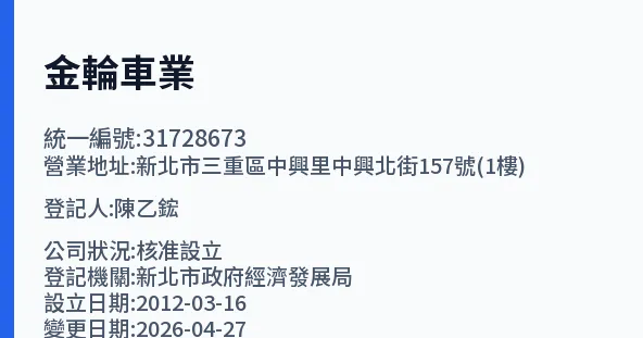 金輪車業的照片-統編 31728673(新北市) 公司登記資料與營業項目詳細圖表