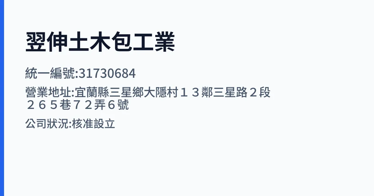 翌伸土木包工業 - 統編 31730684(宜蘭縣) 公司登記資料與營業項目詳細圖表