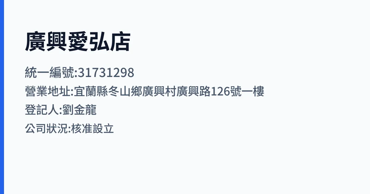 廣興愛弘店 - 統編 31731298(宜蘭縣) 公司登記資料與營業項目詳細圖表
