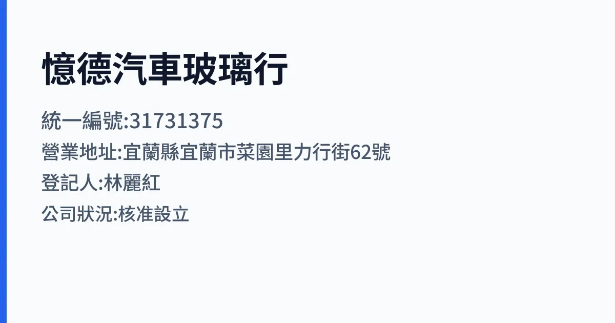 憶德汽車玻璃行 - 統編 31731375(宜蘭縣) 公司登記資料與營業項目詳細圖表
