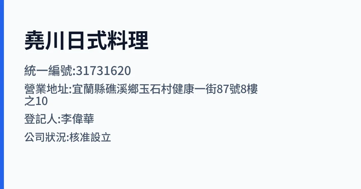 堯川日式料理 - 統編 31731620(宜蘭縣) 公司登記資料與營業項目詳細圖表