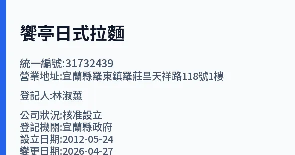 饗亭日式拉麵的照片-統編 31732439(宜蘭縣) 公司登記資料與營業項目詳細圖表