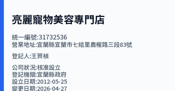 亮麗寵物美容專門店的照片-統編 31732536(宜蘭縣) 公司登記資料與營業項目詳細圖表