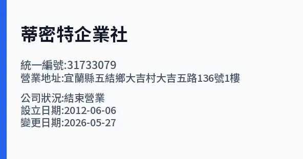蒂密特企業社的照片-統編 31733079(宜蘭縣) 公司登記資料與營業項目詳細圖表