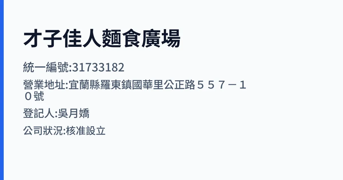 才子佳人麵食廣場 - 統編 31733182(宜蘭縣) 公司登記資料與營業項目詳細圖表