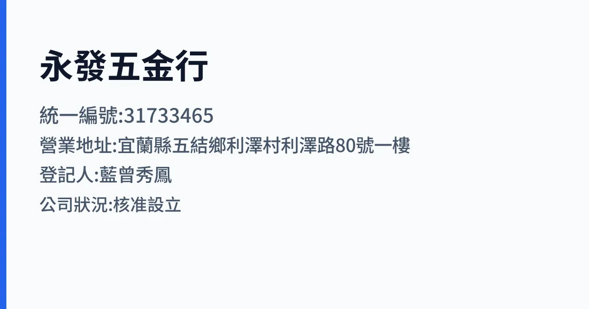 永發五金行 - 統編 31733465（宜蘭縣） 公司登記資料與營業項目詳細圖表