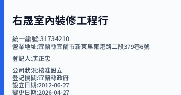 右晟室內裝修工程行的照片-統編 31734210(宜蘭縣) 公司登記資料與營業項目詳細圖表