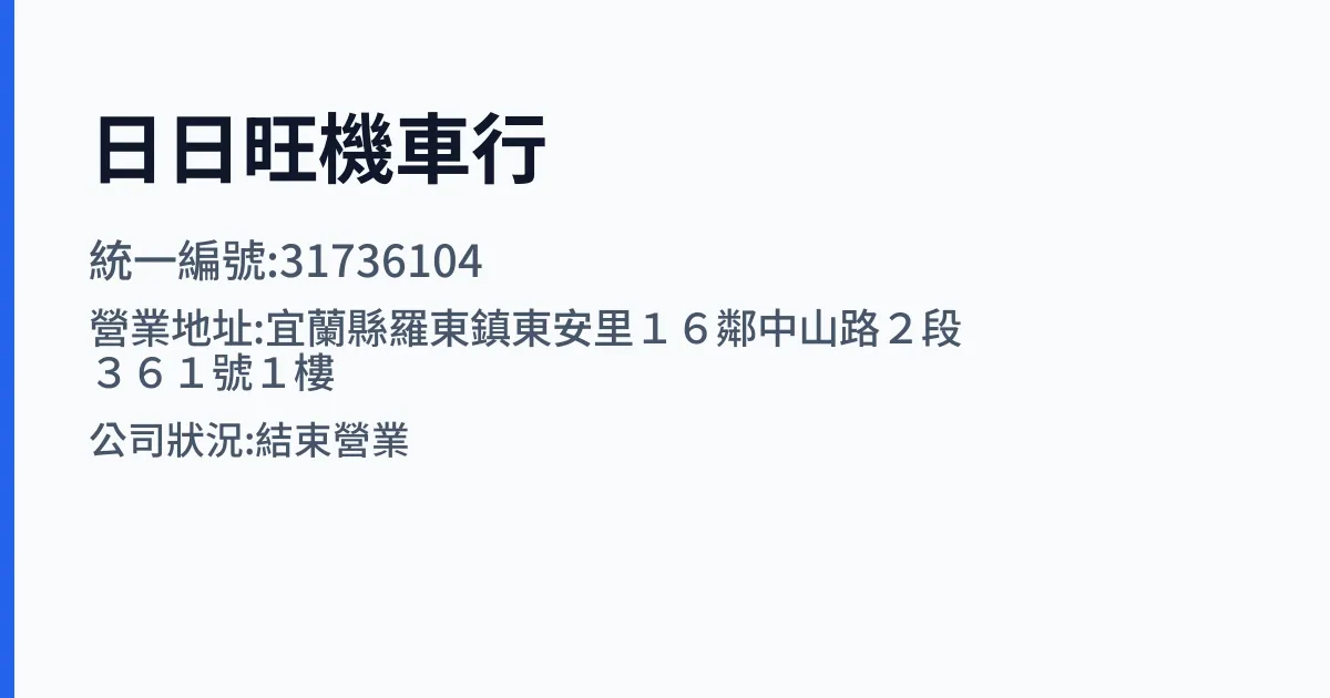 日日旺機車行 - 統編 31736104(宜蘭縣) 公司登記資料與營業項目詳細圖表