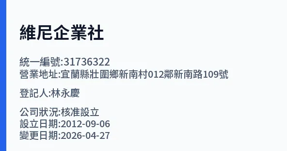 維尼企業社的照片-統編 31736322(宜蘭縣) 公司登記資料與營業項目詳細圖表