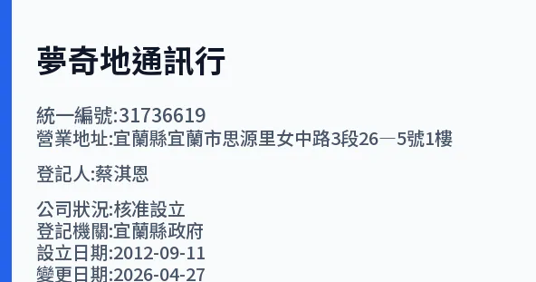 夢奇地通訊行的照片-統編 31736619(宜蘭縣) 公司登記資料與營業項目詳細圖表