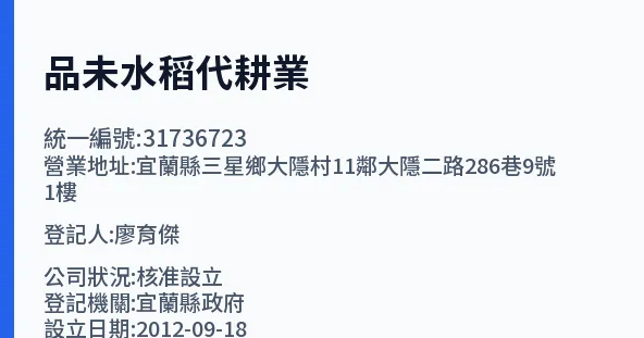 品未水稻代耕業的照片-統編 31736723(宜蘭縣) 公司登記資料與營業項目詳細圖表