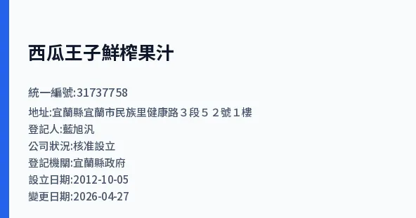 西瓜王子鮮榨果汁的照片-統編 31737758(宜蘭縣) 公司登記資料與營業項目詳細圖表