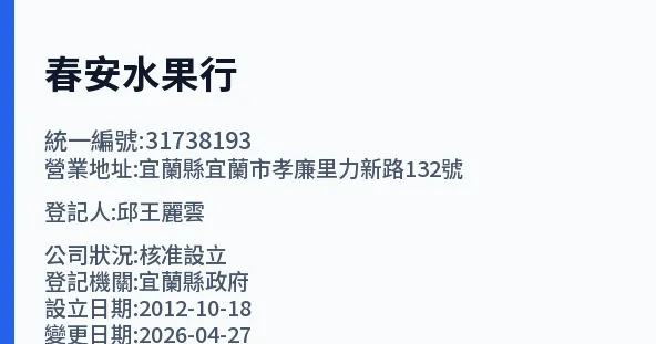 春安水果行的照片-統編 31738193(宜蘭縣) 公司登記資料與營業項目詳細圖表