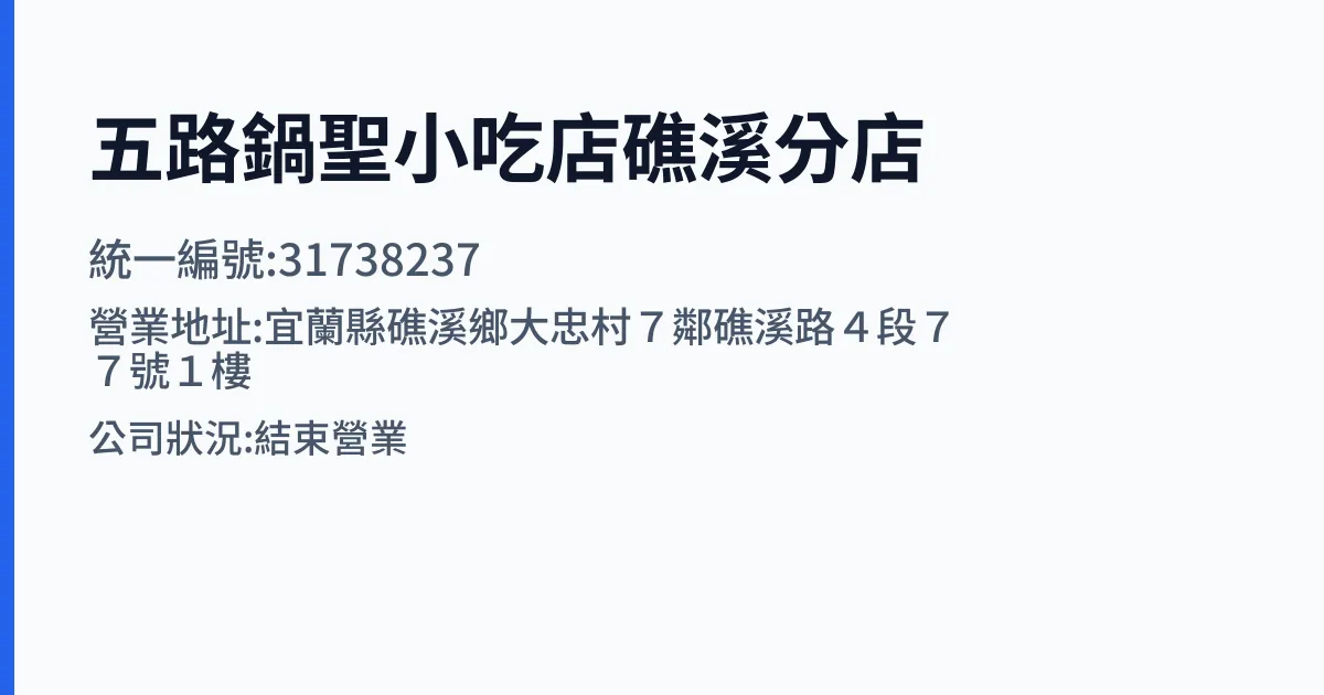 五路鍋聖小吃店礁溪分店 - 統編 31738237(宜蘭縣) 公司登記資料與營業項目詳細圖表