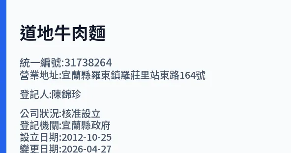 道地牛肉麵的照片-統編 31738264(宜蘭縣) 公司登記資料與營業項目詳細圖表