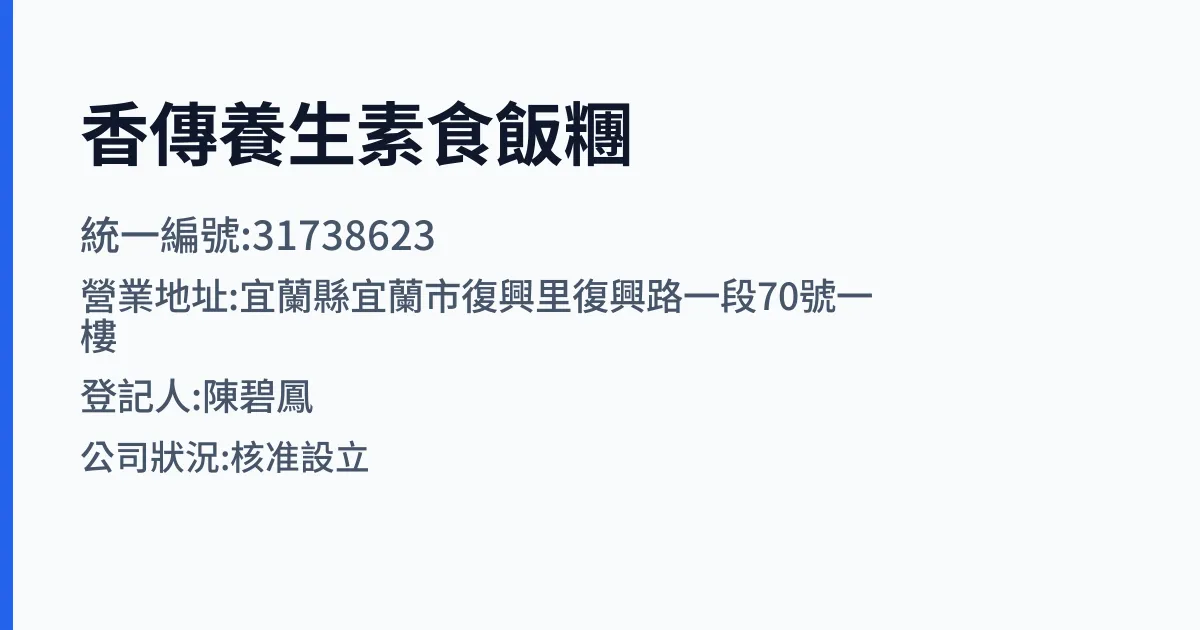 香傳養生素食飯糰 - 統編 31738623(宜蘭縣) 公司登記資料與營業項目詳細圖表