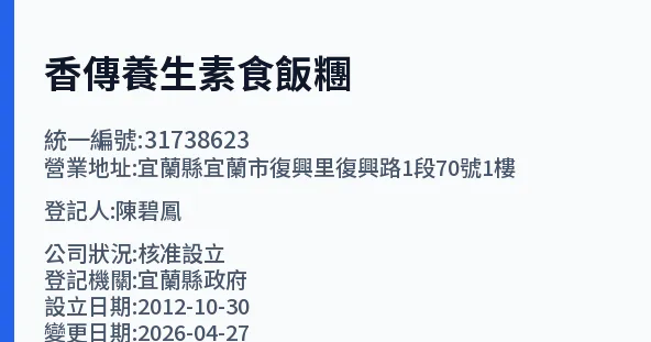 香傳養生素食飯糰的照片-統編 31738623(宜蘭縣) 公司登記資料與營業項目詳細圖表