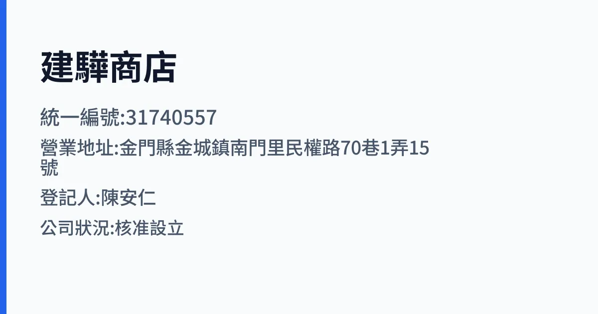 建驊商店 - 統編 31740557(金門縣) 公司登記資料與營業項目詳細圖表